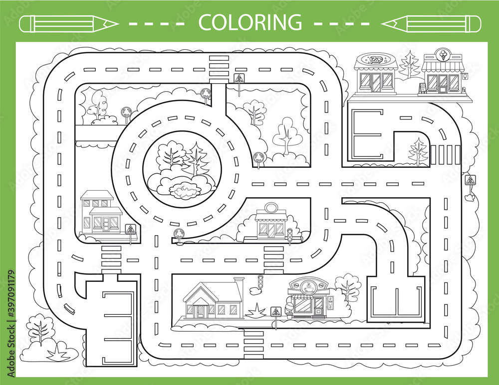 Coloring with city road. Board game. Wallpaper or carpet for childrens ...