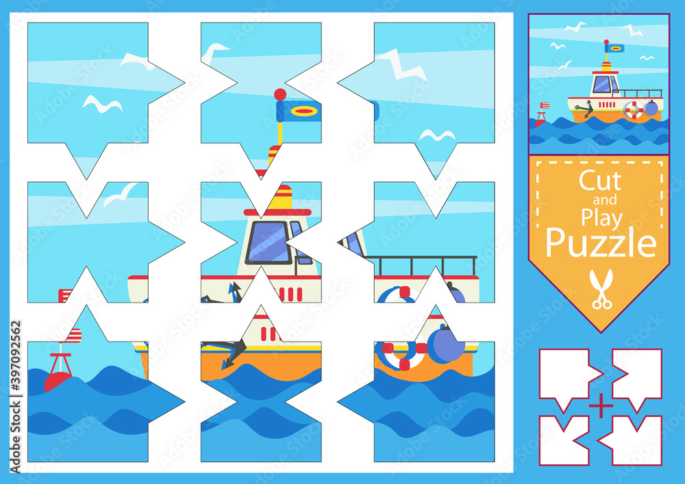 Children puzzle game. Worksheets with drawing sea sailing boat. Kids ...