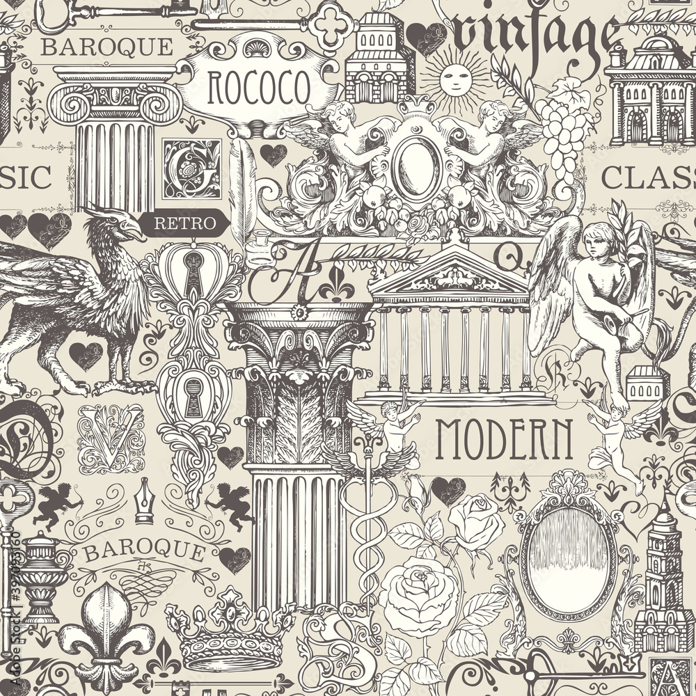 Creative seamless pattern on the theme of vintage art, furniture and ...