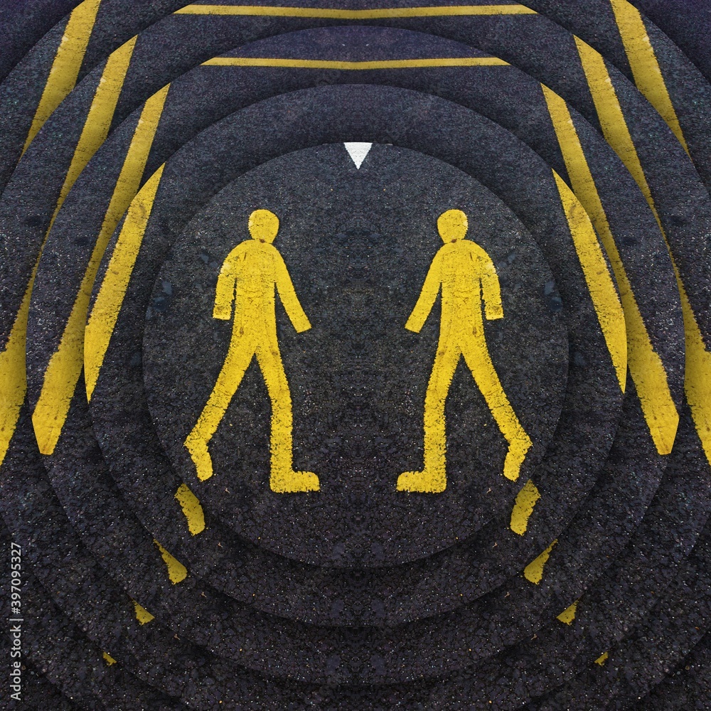 surreal abstract icon of pedestrian male crossing the road in YELLOW ...