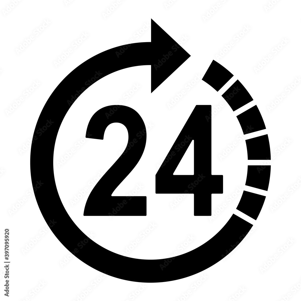 Symbol icon, sign Open around the clock or 24 hours a day. Vector ...