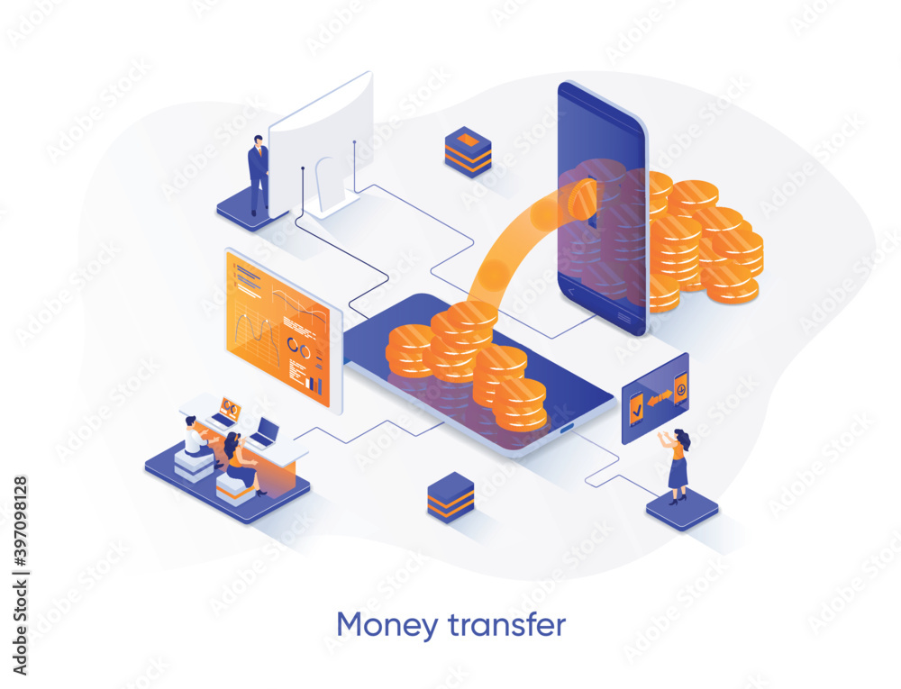 Money transfer isometric web banner. Internet banking mobile ...
