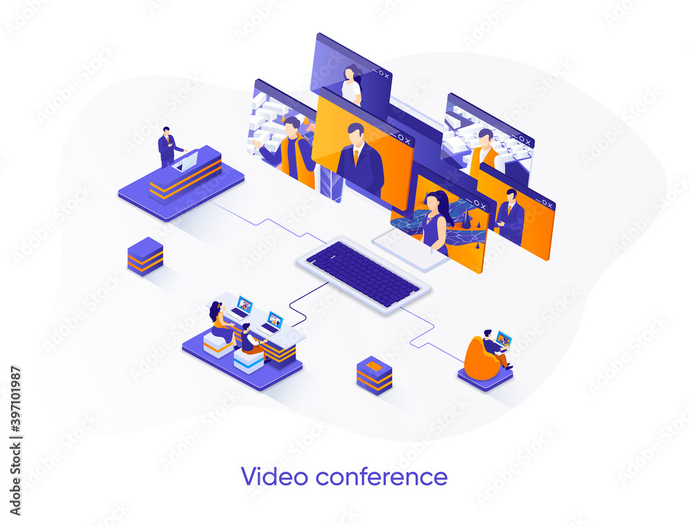 Video conference isometric web banner. Teleconference and video call ...