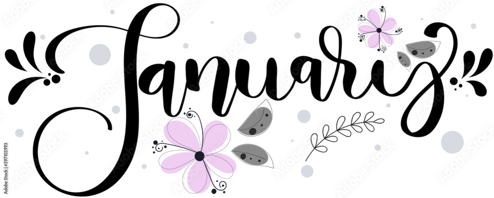 Hello January. JANUARY month vector with flowers and leaves. Decoration ...