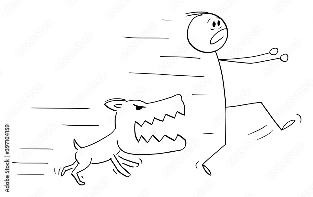 Vector cartoon stick figure illustration of angry dog chasing running ...