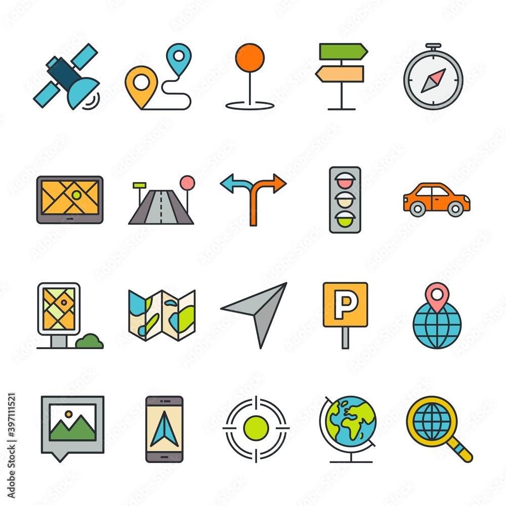 Location, navigation, map icons set. Collection of transport, route, navigation related vector ...