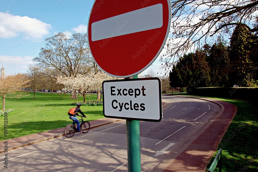 Road sign No Entry except for cycles, with blue cloudy sky. Stock Photo ...