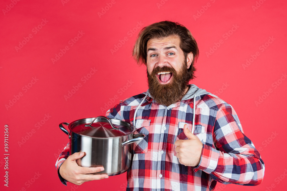 tastes good. cooking utensils vessels. kitchen advertising. Man with ...