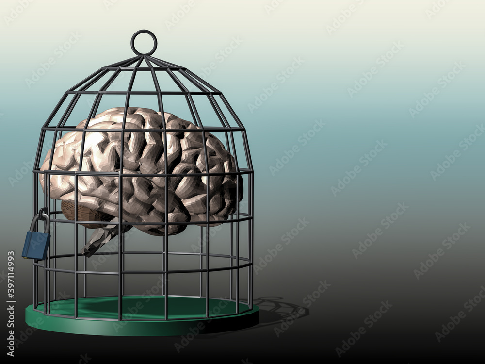 Human brain on a birdcage under lock and key with a price tag. 3D ...