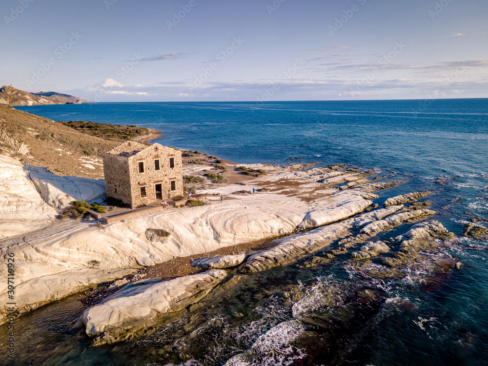 Punta Bianca, Agrigento in Sicily Italy White beach with old ruins of ...