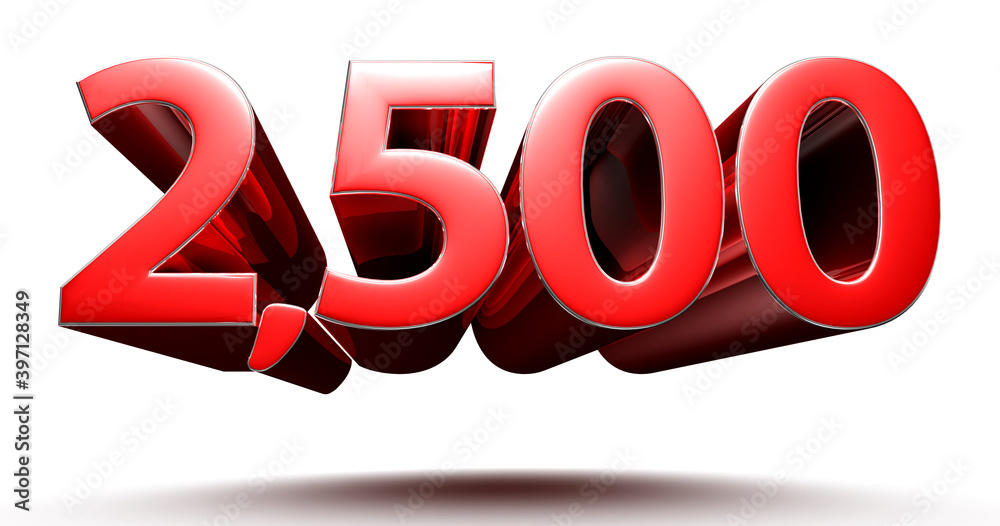 Red numbers 2500 isolated on white background illustration 3D rendering ...