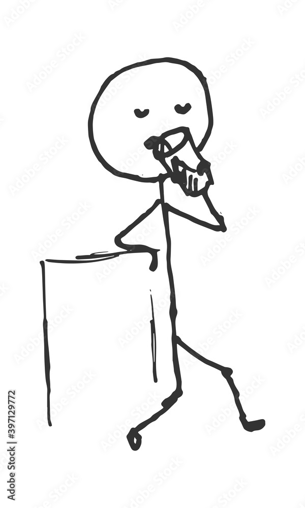 Hand-Drawn isolated stick figure leaning against a counter drinking ...