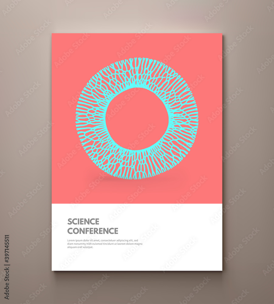 Science conference. Cover design template. Small particles strive out ...