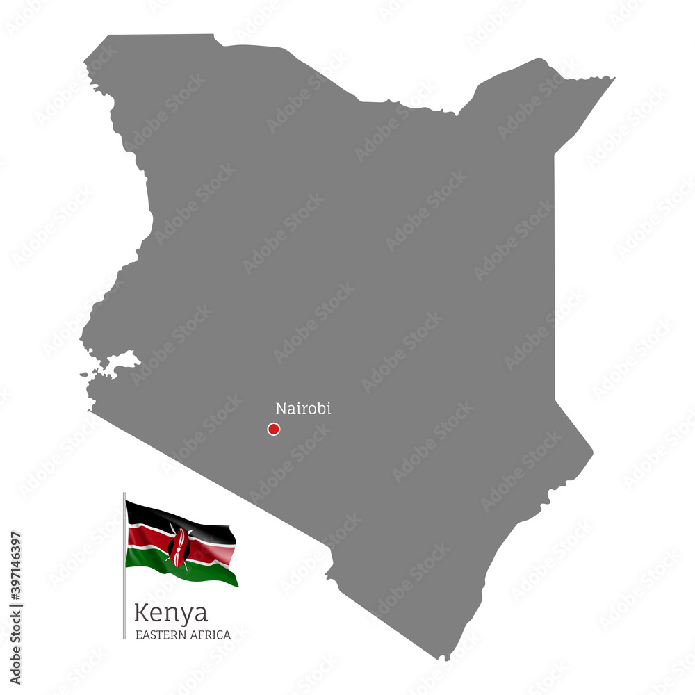 Silhouette of Kenya country map. Gray detailed editable map with waving ...