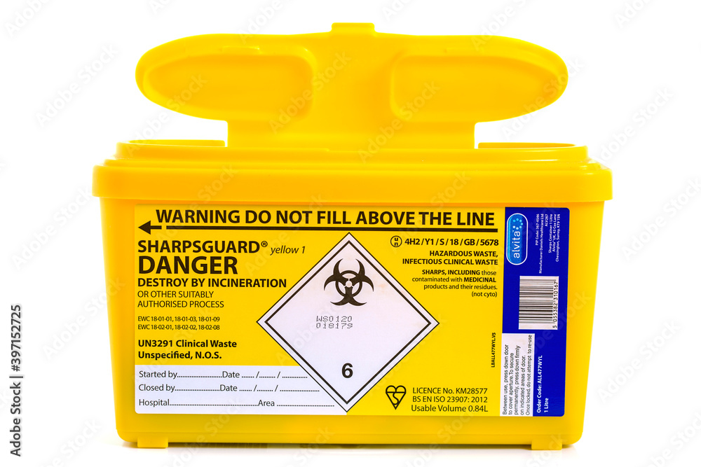 Yellow Sharpsguard biohazard medical contaminated sharps clinical waste ...