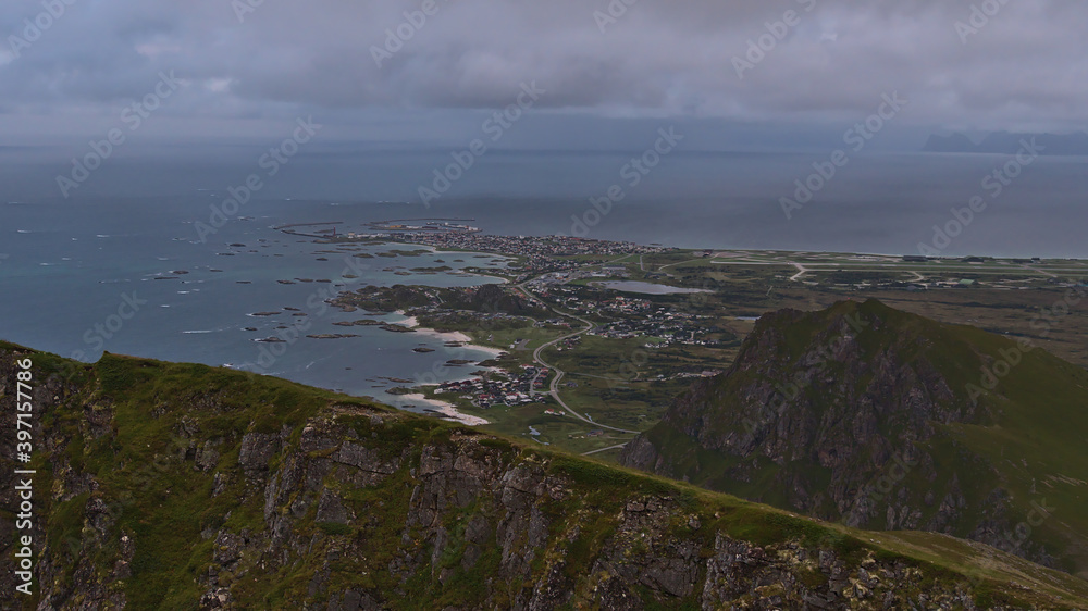 Panoramic view of fishing village Andenes located on the shore of ...