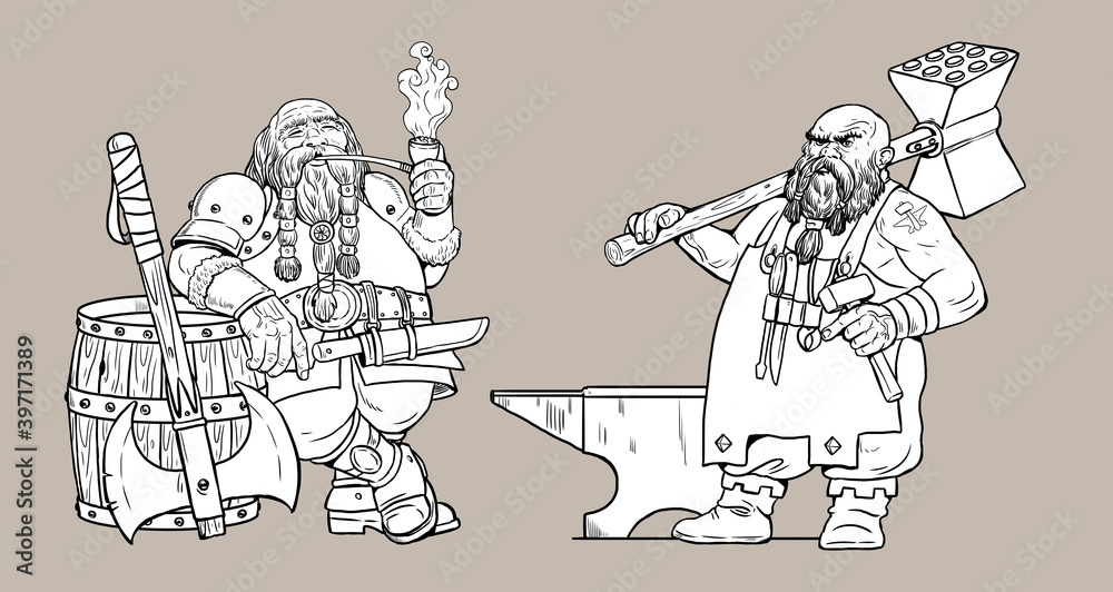 Dwarf with ax and war hammer. Fantasy drawing with dwarfs. Stock ...