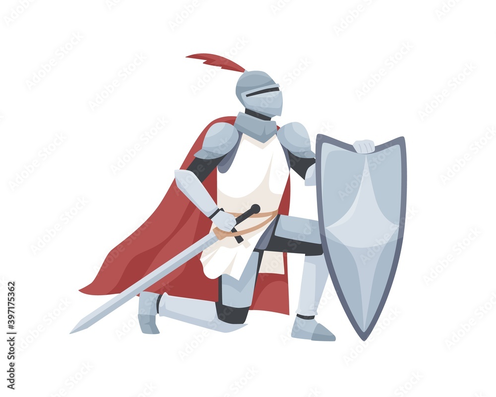 Knight in armor and red cloak holding shield and sword and giving oath ...