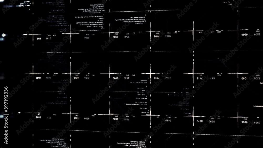 White digital codes in cells with numbers on black background. Animation. Lot of changing data ...