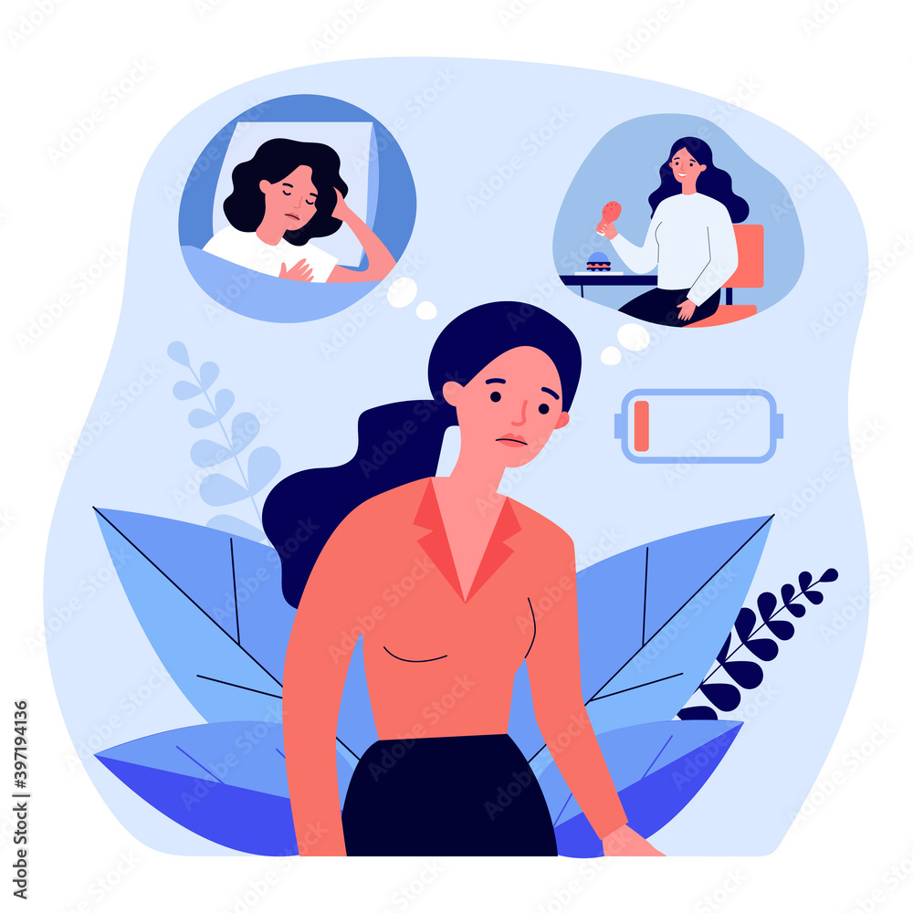 Tired woman feeling low lying level. Out of battery, bad eating and ...