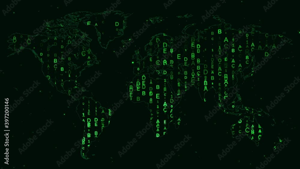 World map with random green numbers and letters for your digital ...