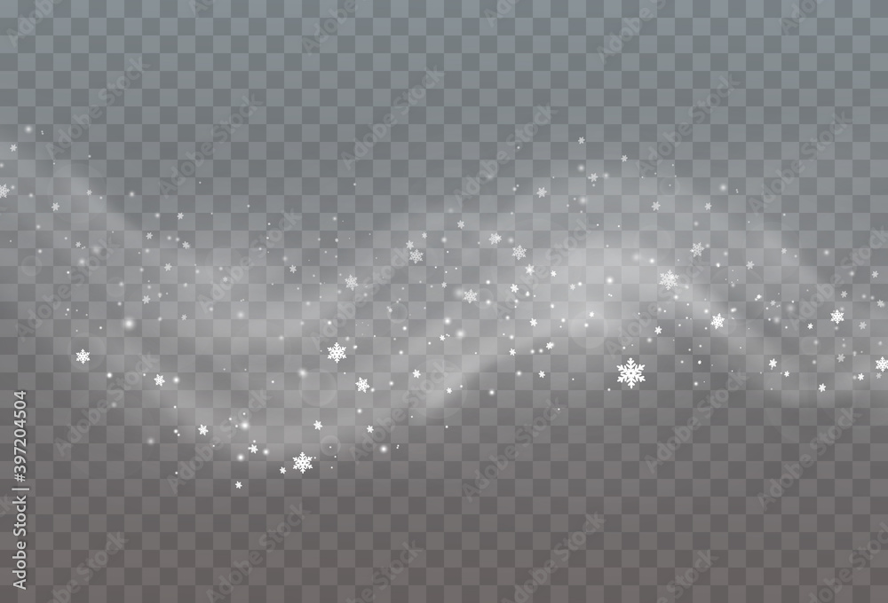 Christmas background made of falling snow blown by a strong winter wind ...