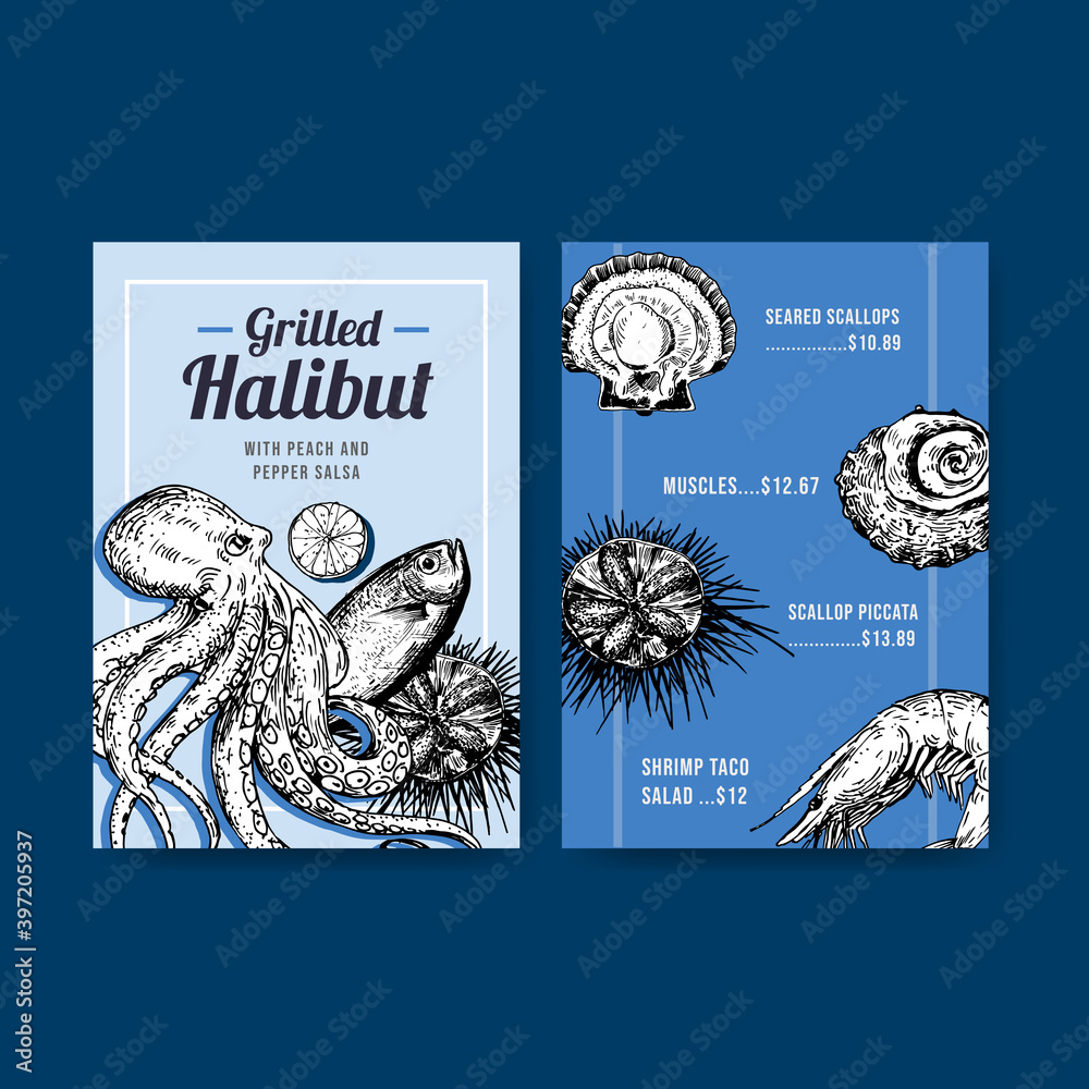 Big menu template with seafood concept design for restaurant and food ...