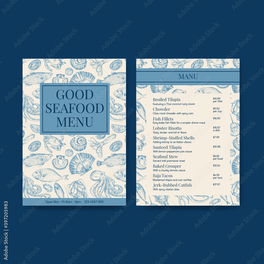 Big menu template with seafood concept design for restaurant and food ...