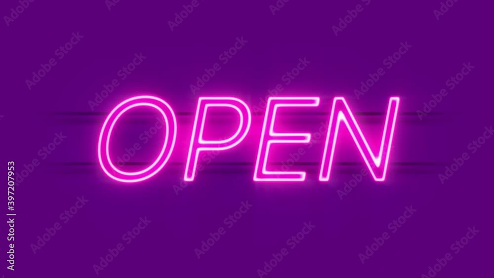 Open neon sign appear on violet background. Loop animation of retro ...