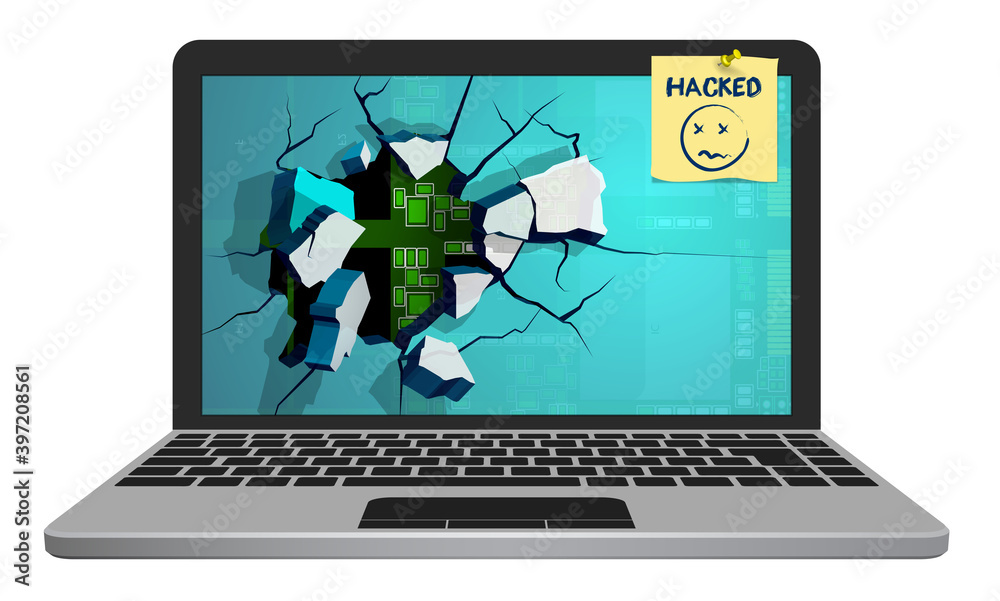 Silver broken laptop hacked by hacker with screen flying into fragments ...