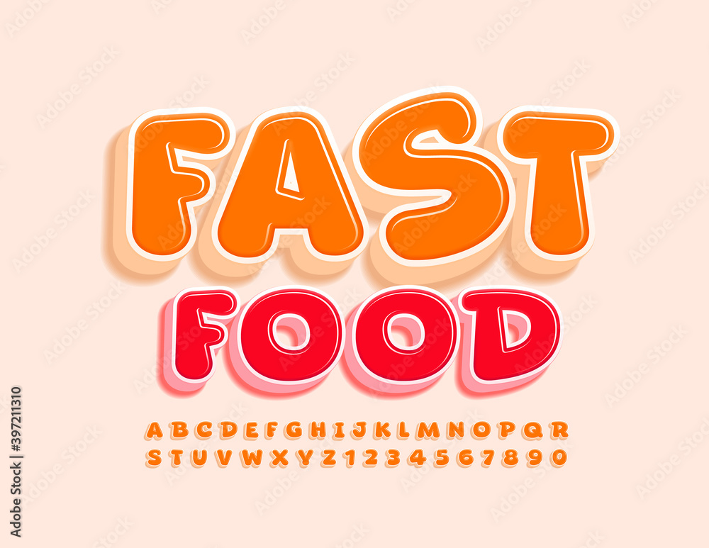 Vector tasty logo Fast Food with bright 3D Font. Orange funny Alphabet ...