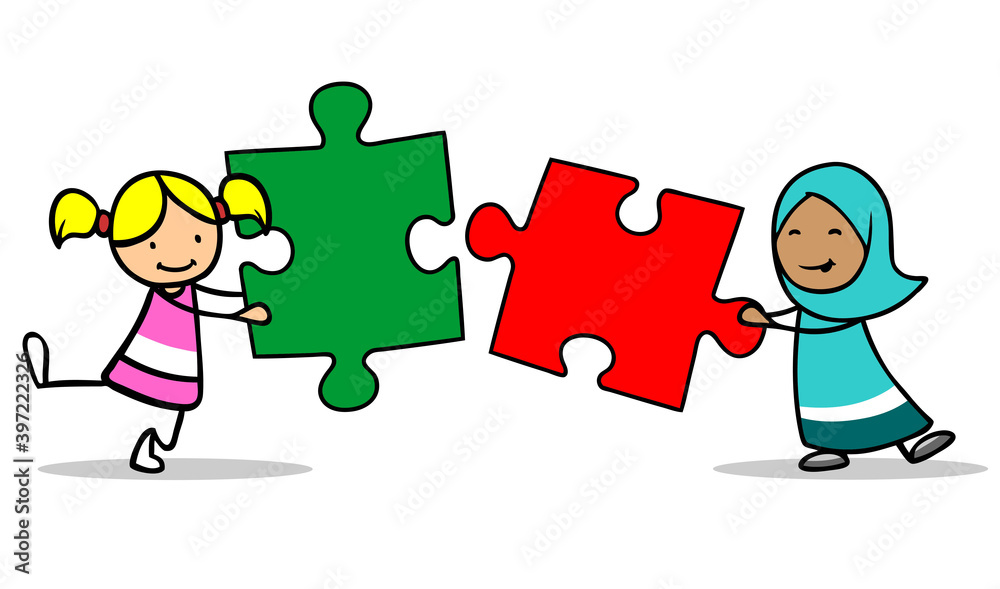 Mädchen und Kind mit Kopftuch halten Puzzle Teile Stock Illustration ...