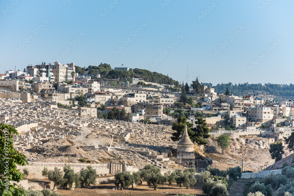 Jewish graveyard with the Tomb of Absalom at the Kidron Valley or King ...
