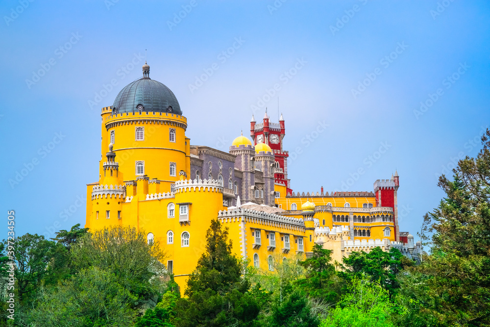 Pena palace in Sintra, Portugal. Beautiful and colorful palace,. The ...
