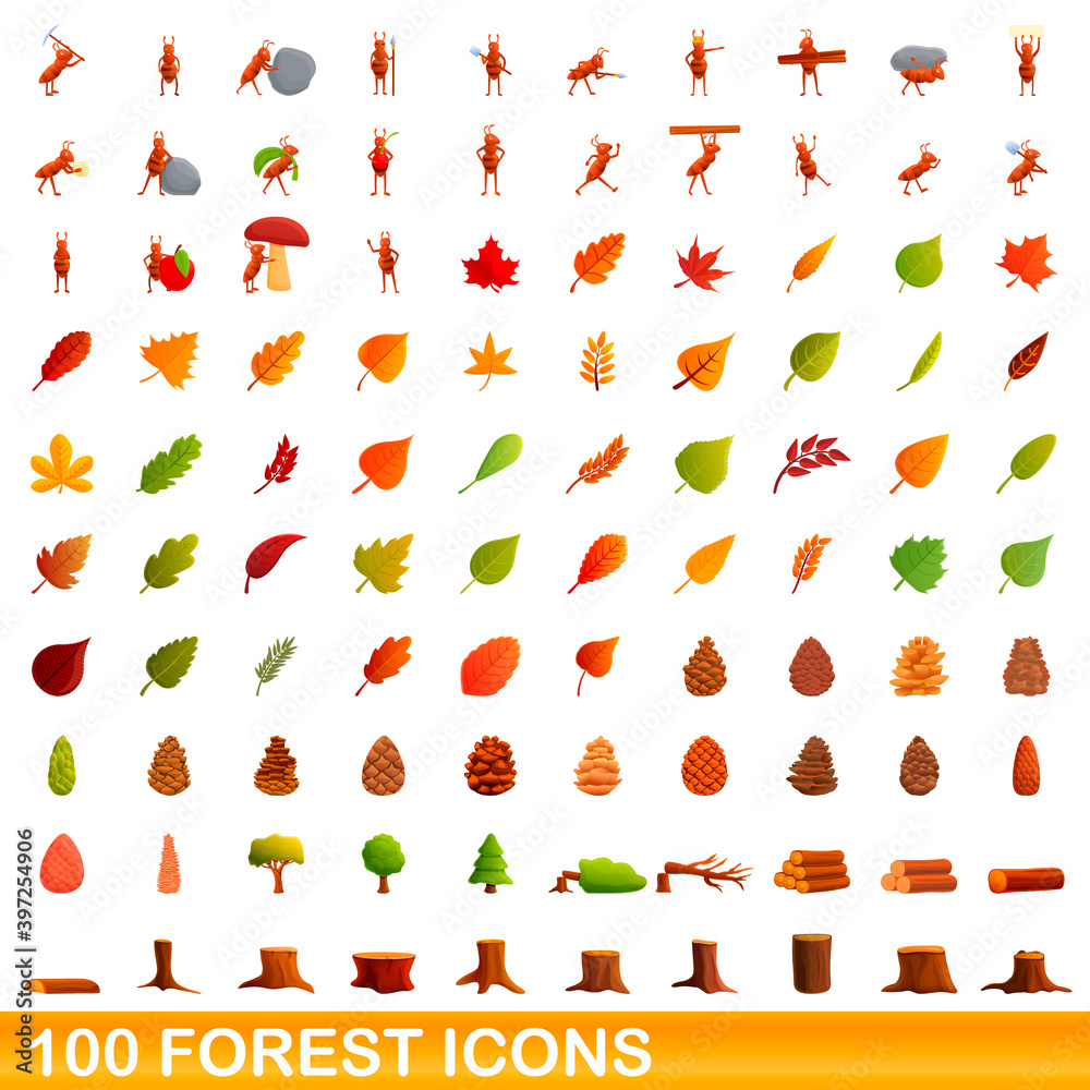 100 forest icons set. Cartoon illustration of 100 forest icons vector ...
