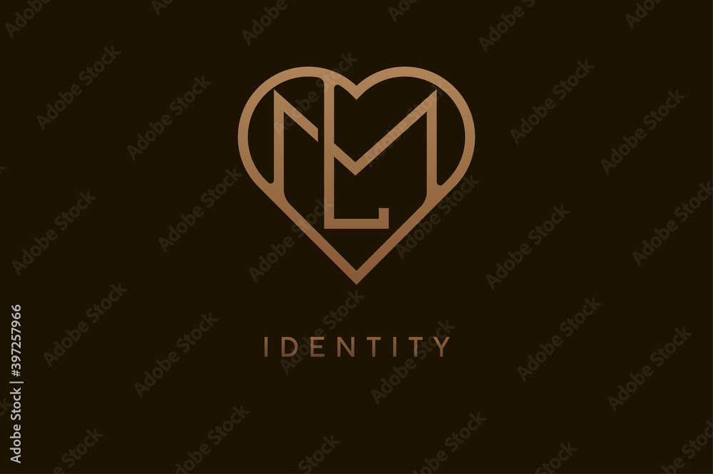 Abstract initials L and M logo, gold colour line style heart and letter ...