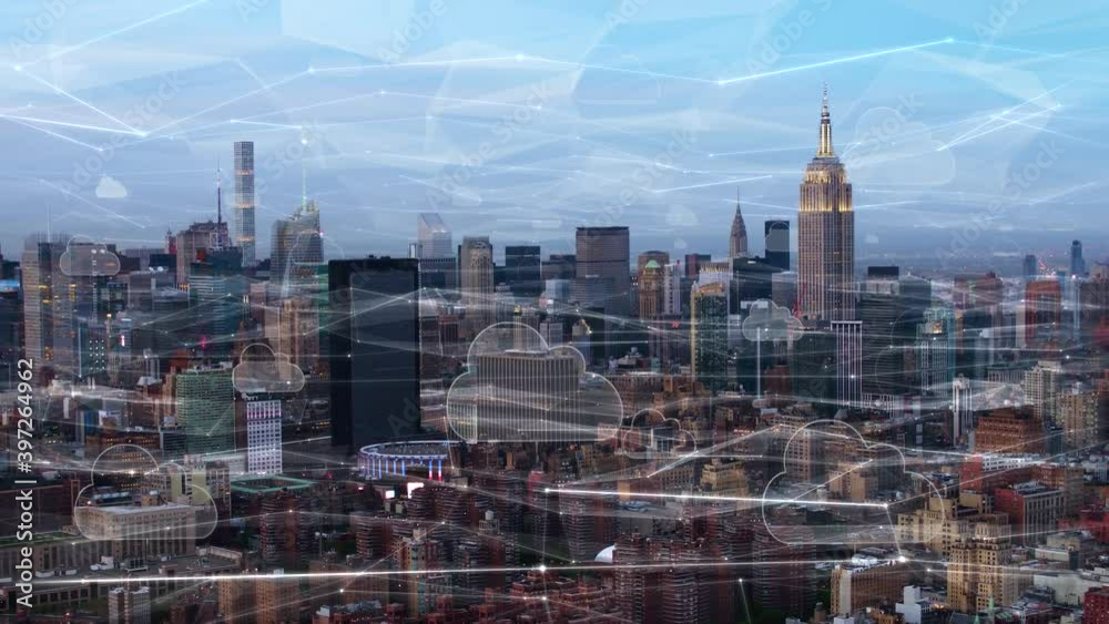 Aerial view of Manhattan Skyline with connections. Technology ...