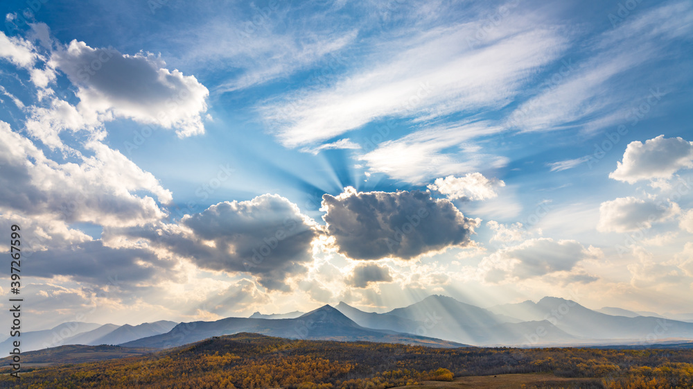 Vast prairie and forest in beautiful autumn. Sunlight passing blue sky ...