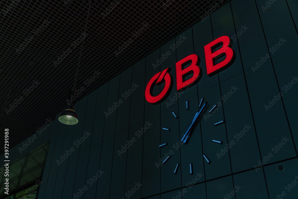 Vienna, Austria - May 12, 2019: A picture OBB's logo inside the Vienna ...