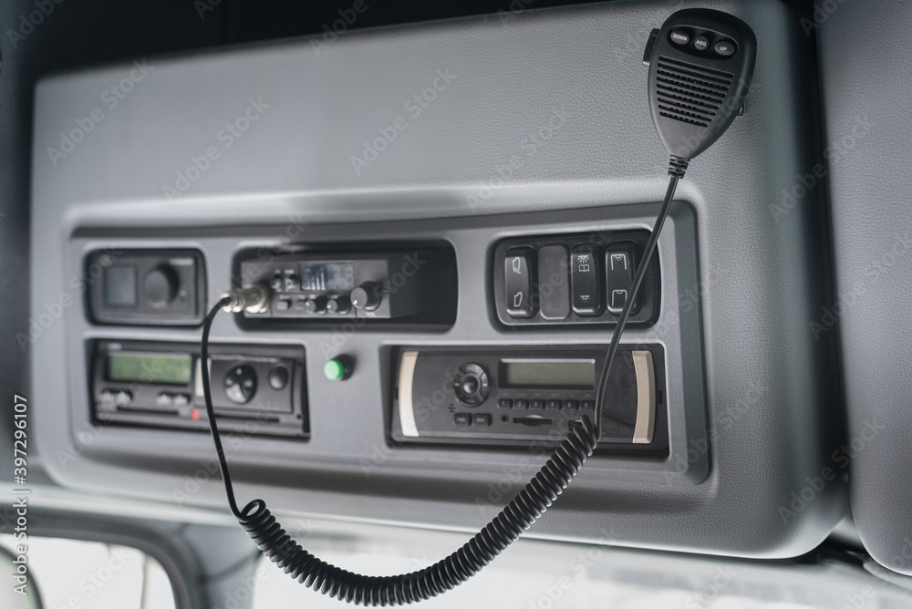 CB radio and car stereo in the truck cabin close up background. Stock ...
