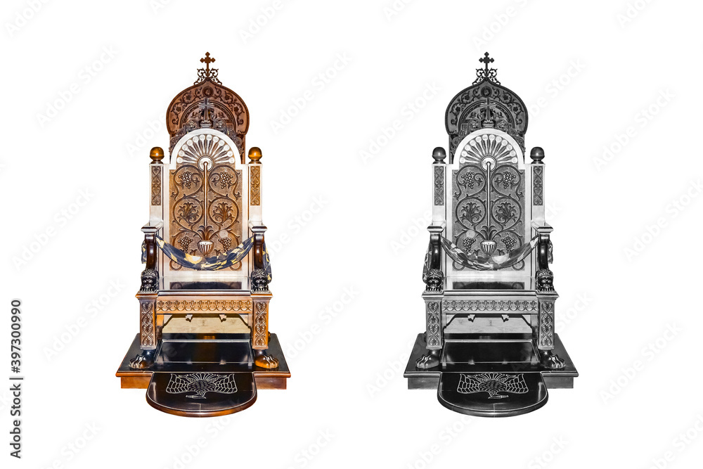 Two vintage throne church chairs isolated on a white background. Color ...