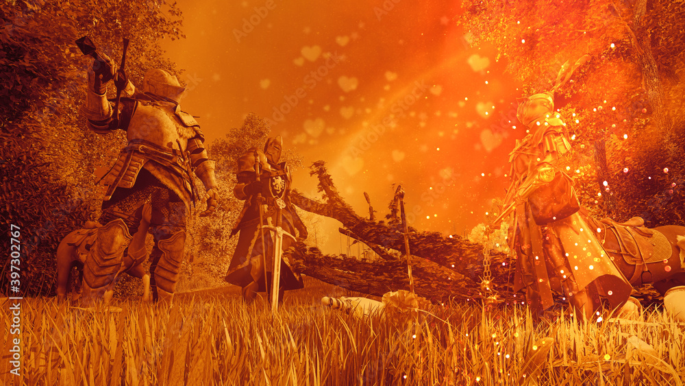 Fantasy landscape, medieval knights with armor in combat gear advance ...