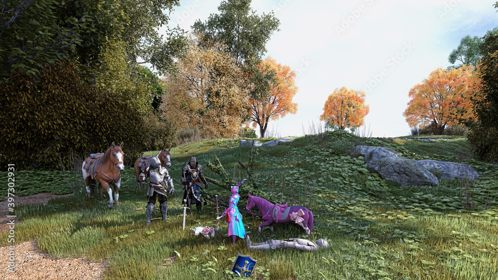 Fantasy landscape, medieval knights with armor in combat gear advance ...