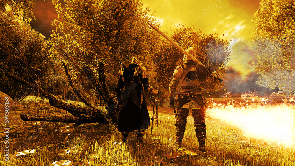 Fantasy landscape, medieval knights with armor in combat gear advance ...