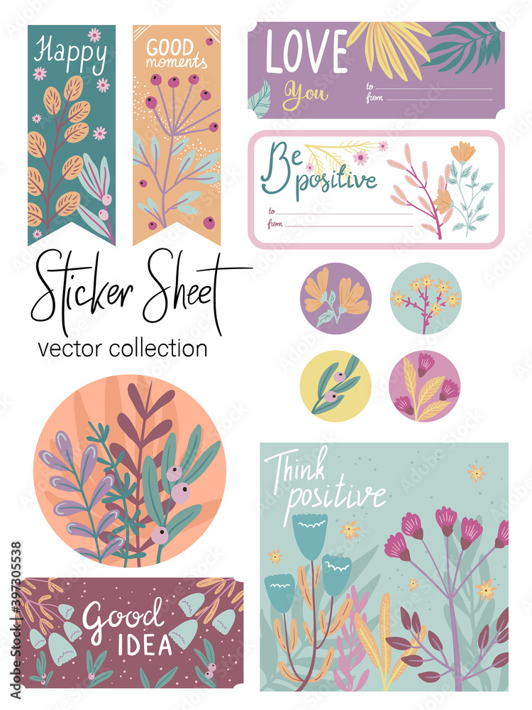 Vector set of Stickers with different plants isolated on white. Flowers ...