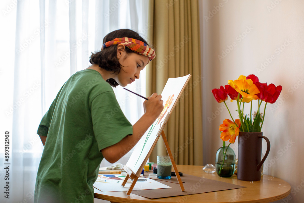 Cute girl drawing at home Stock Photo | Adobe Stock