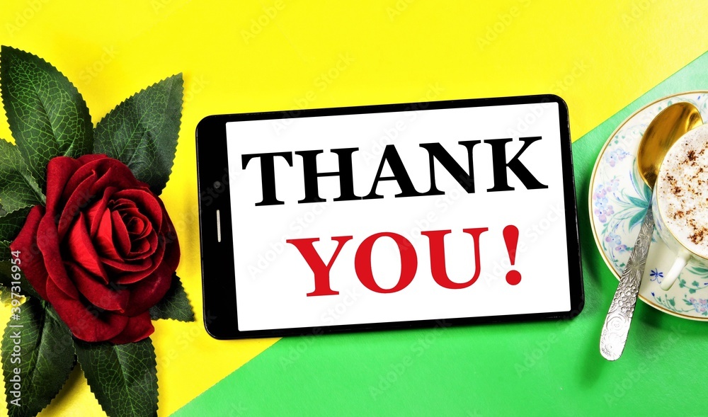 Thank you. Text message on the smartphone screen. Expression of ...