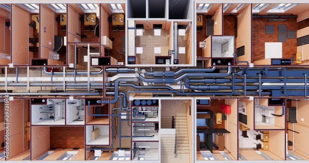 Top view 3D BIM model of the floor plan of a building with utilities ...