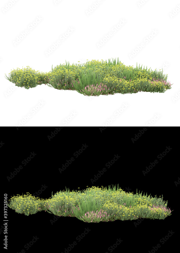 Background illustration of green field of grass with flowers. 3D ...