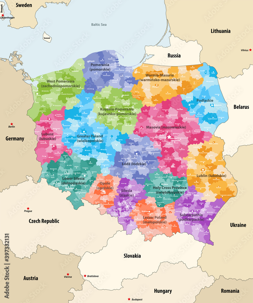 Poland administrative divisions colored by provinces(known as ...